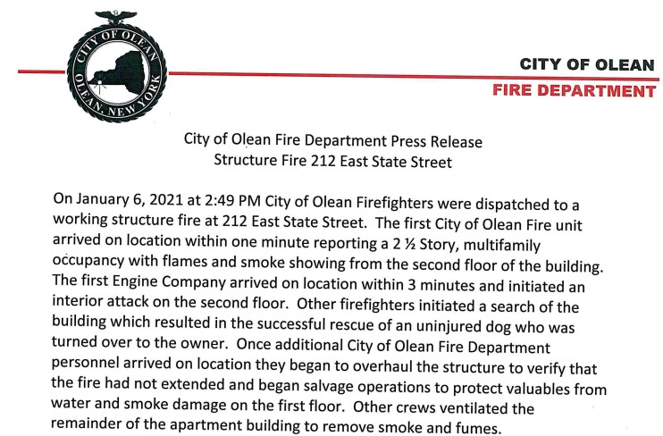 Wellsville Regional News (dot) com: City of Olean Fire Department Press Release - East State ...