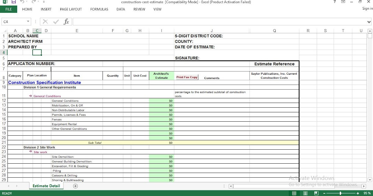 Construction Cost Estimating Sheet - Software engineering