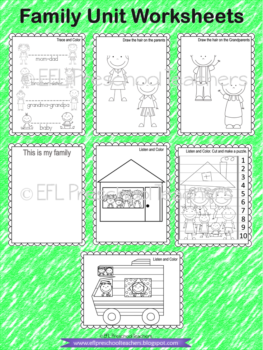 ESL/EFL Preschool Teachers: Family Theme Worksheets for Kindergarten EFL