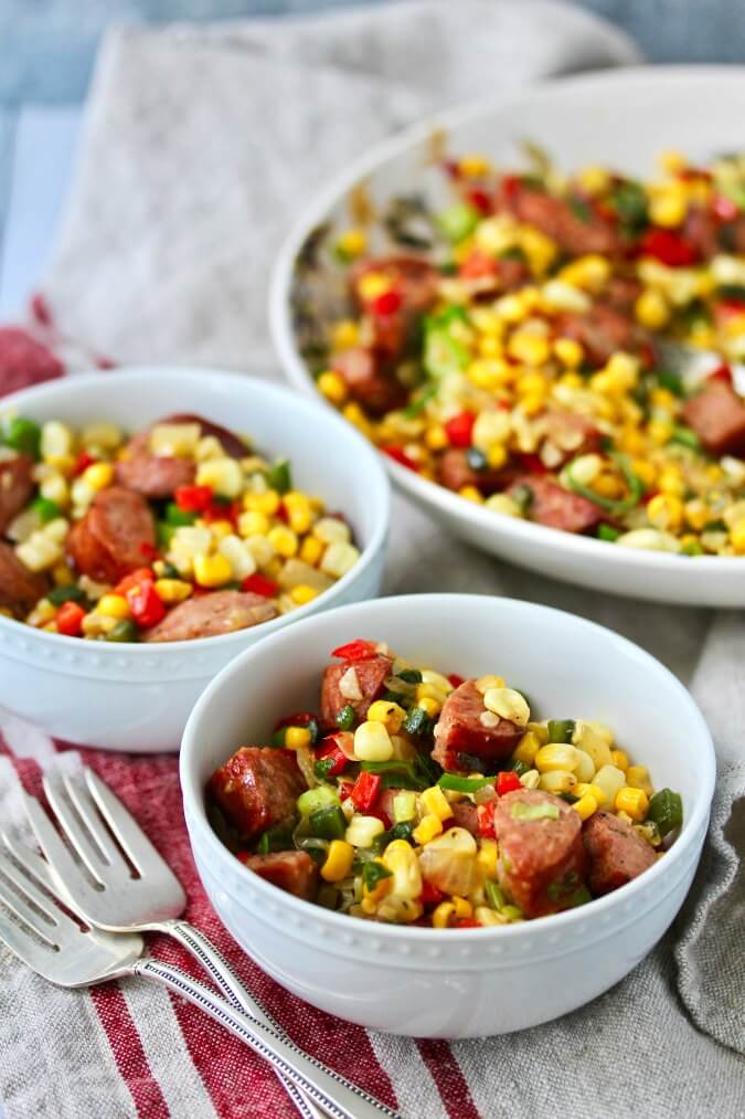 Corn Maque Choux with Hot Smoked Sausage | Karen's Kitchen Stories