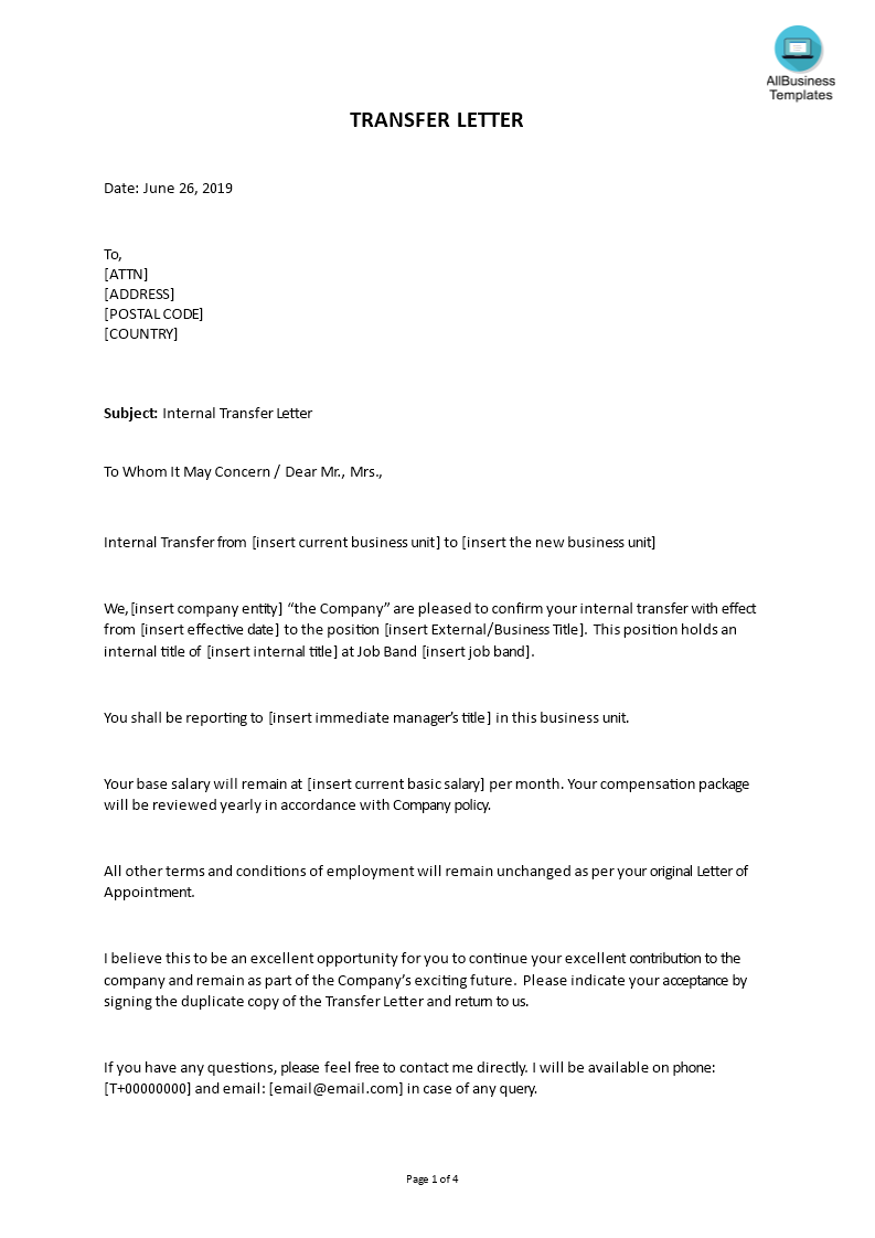 Transfer Letter Template ~ Resume Letter