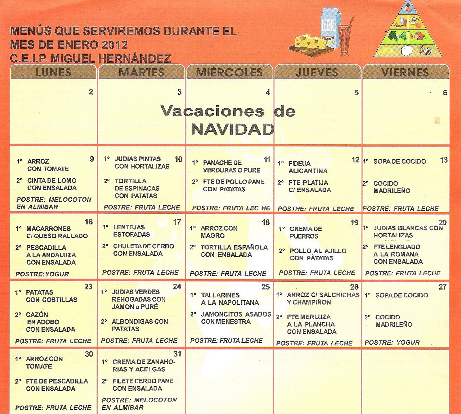 Colegio: Menú comedor mes de enero