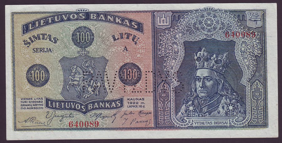 Lithuania money Litas 100 Litu banknote of 1922 Vytautas the Great ...