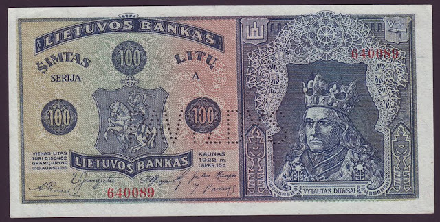 Lithuania money Litas 100 Litu banknote of 1922 Vytautas the Great, Grand Duke of Lithuania ...