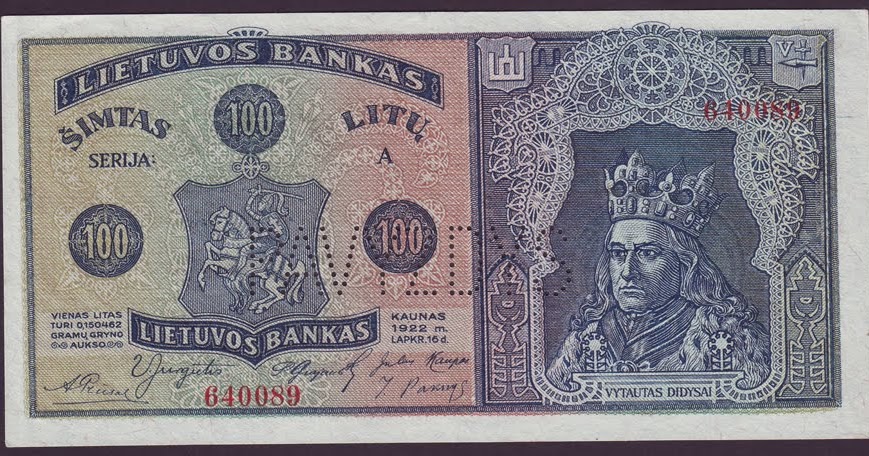Lithuania money Litas 100 Litu banknote of 1922 Vytautas the Great ...