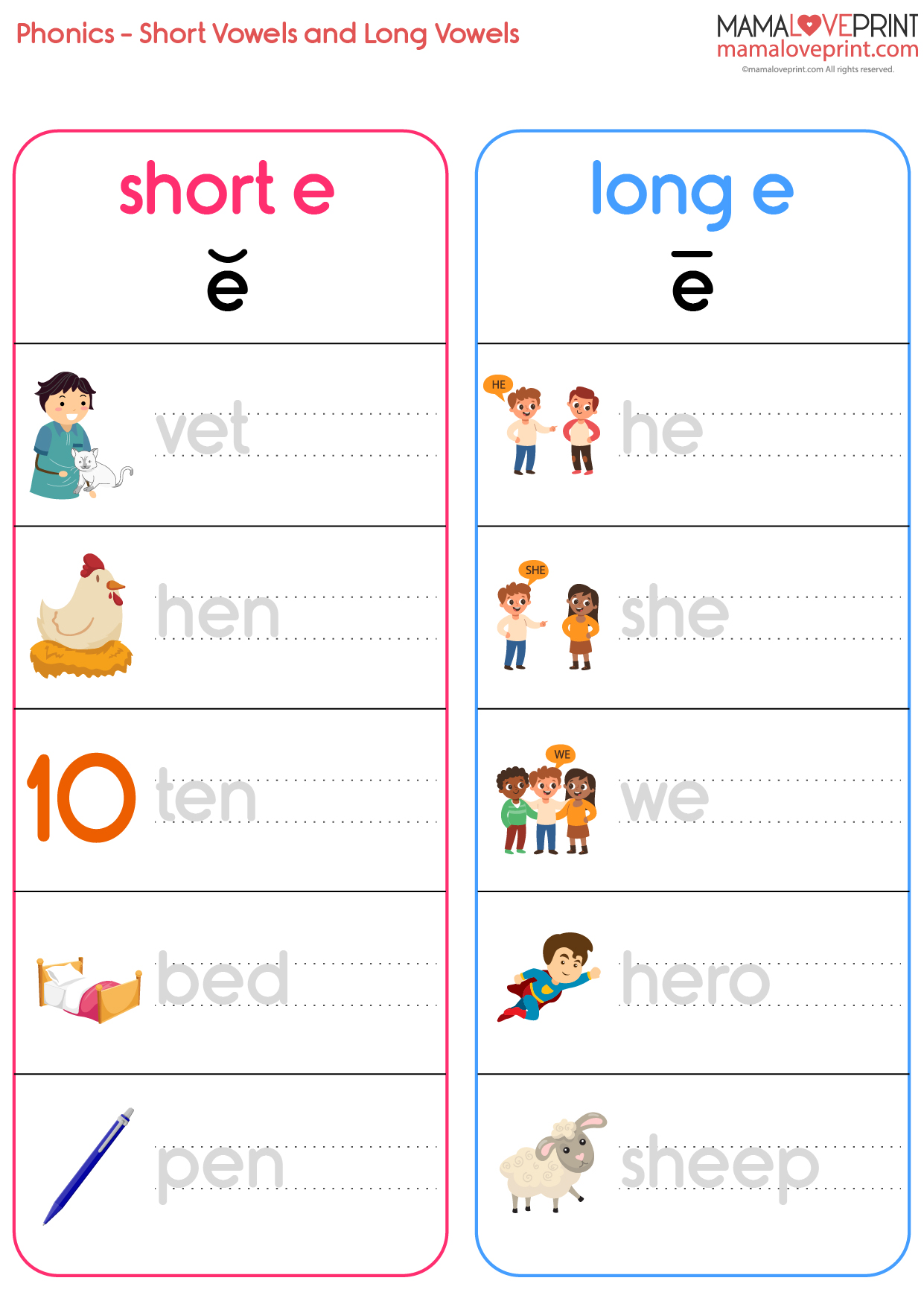 MamaLovePrint . Phonics Worksheet - Level 4.2 Short and Long Vowels ...