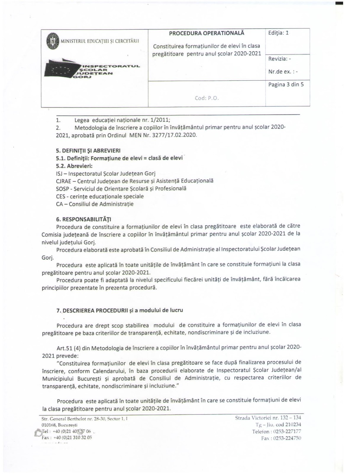 Scoala Gimnazială "Constantin Savoiu" Târgu-Jiu: PROCEDURA OPERATIONALA ...