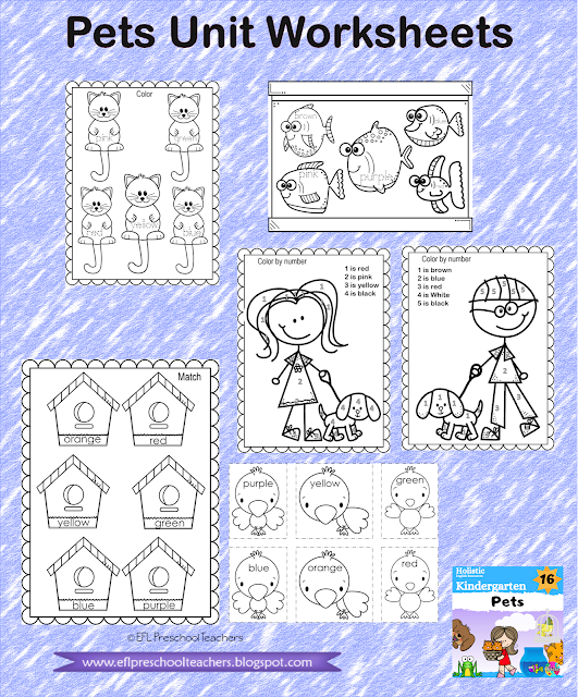 ESL/EFL Preschool Teachers: Pets Unit Worksheets for Kindergarten ELA