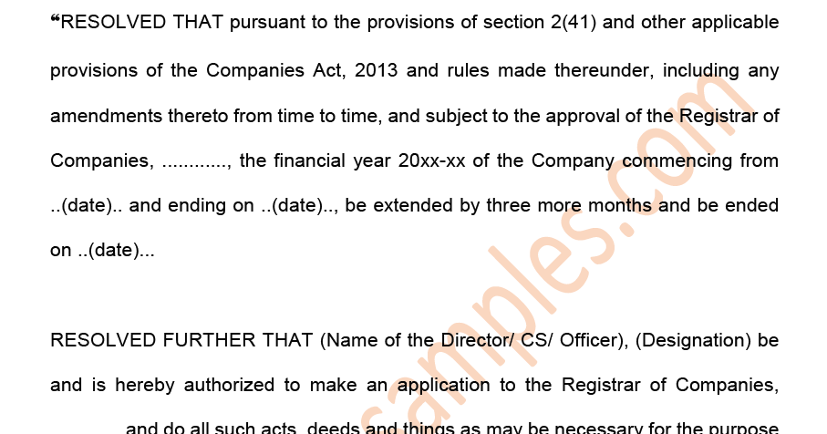 Board Resolution Format for Extension of Financial / Fiscal Year
