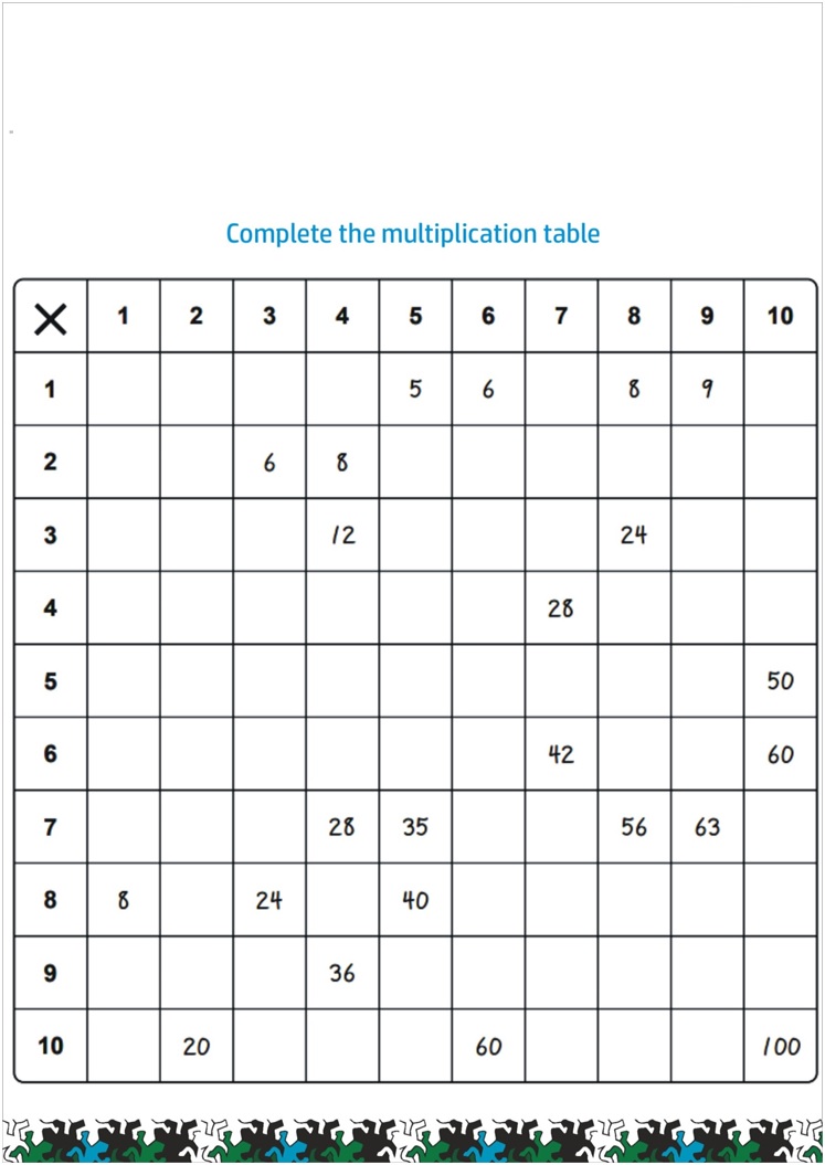 worksheets: Complete The Multiplication Table