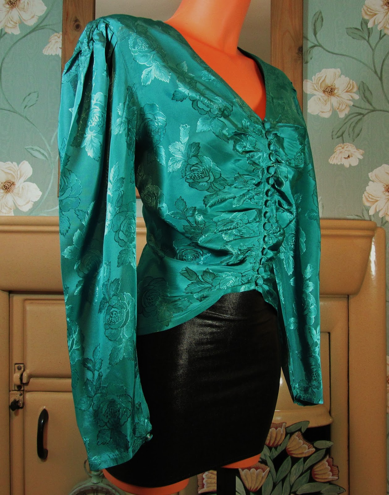 Vintage deep teal green steampunk goth indie soft rouched damask blouse ...