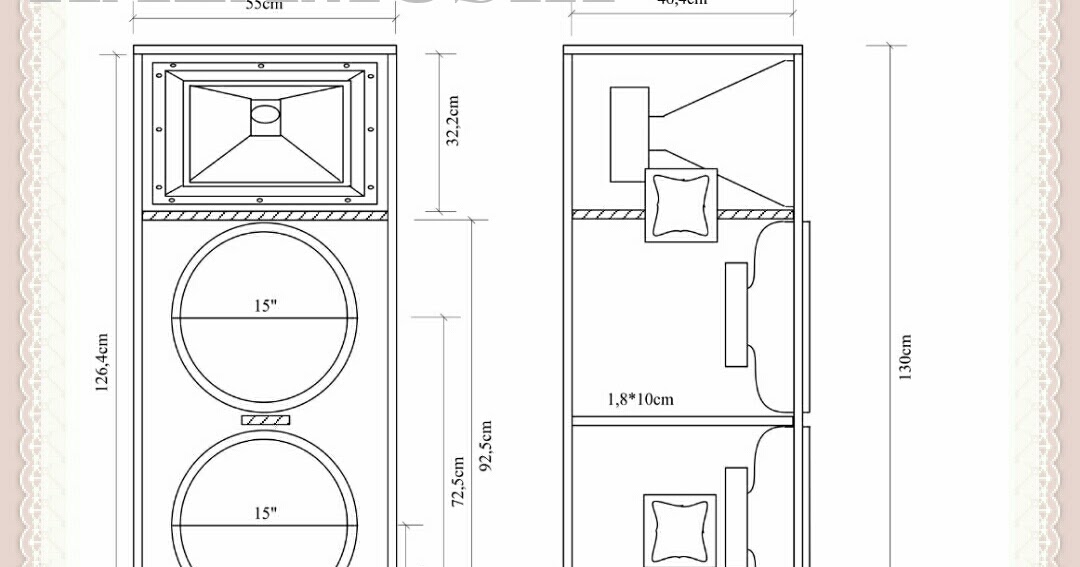 Bentuk ukuran skema box speaker 15"x2 low mid lapangan T2152