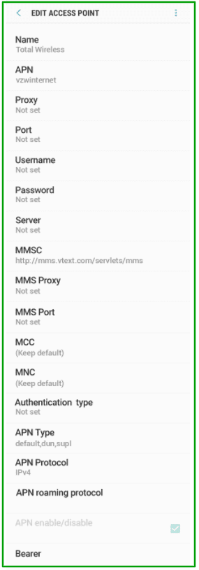 APN Settings for Total Wireless APN Settings for Total Wireless