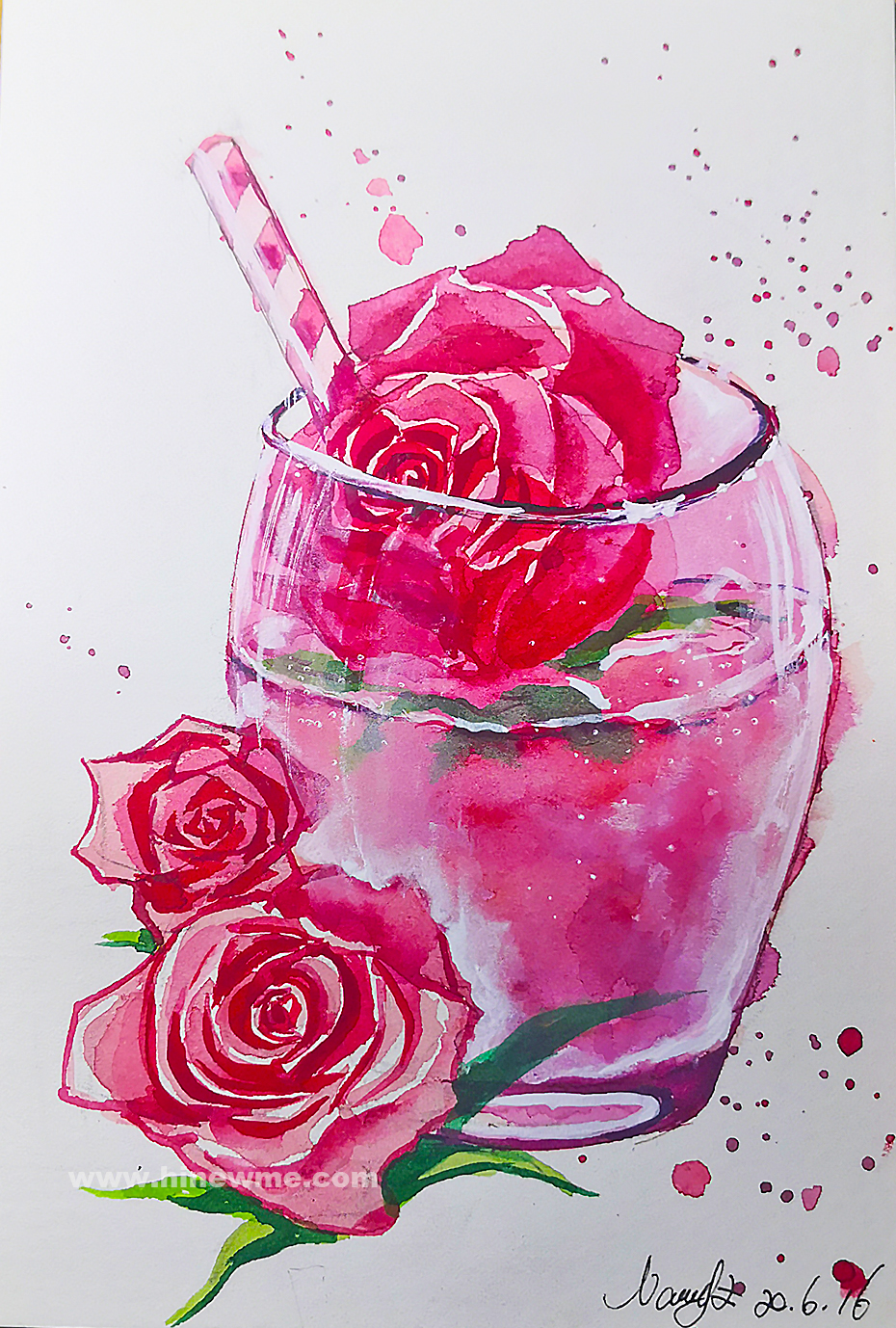 Watercolor Pink Rose drink step by step tutorial for beginner|speed paint