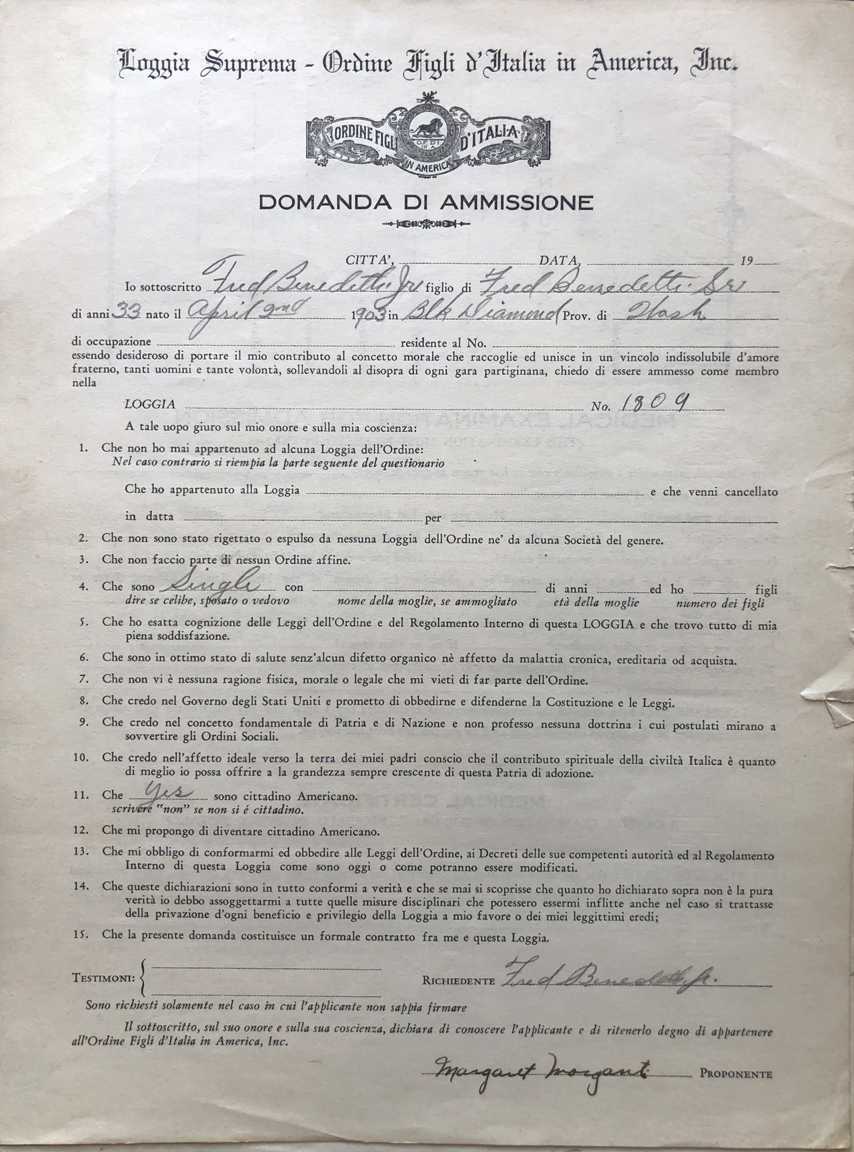 Sons of Italy Black Diamond, WA: Benedetti