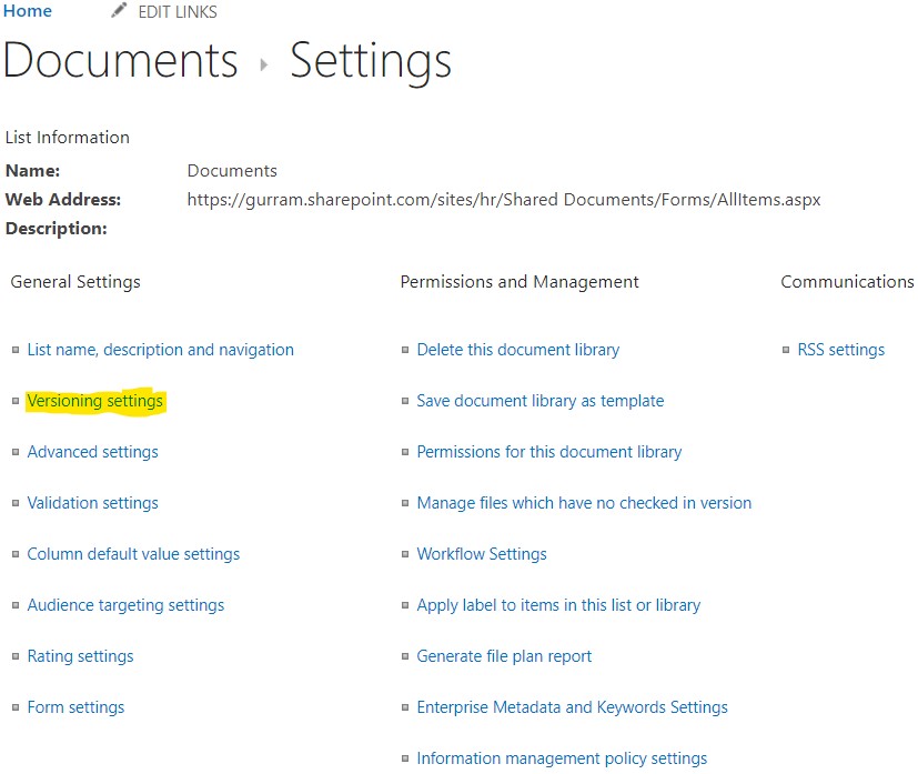 Under General Settings >> Versioning settings (as shown below).