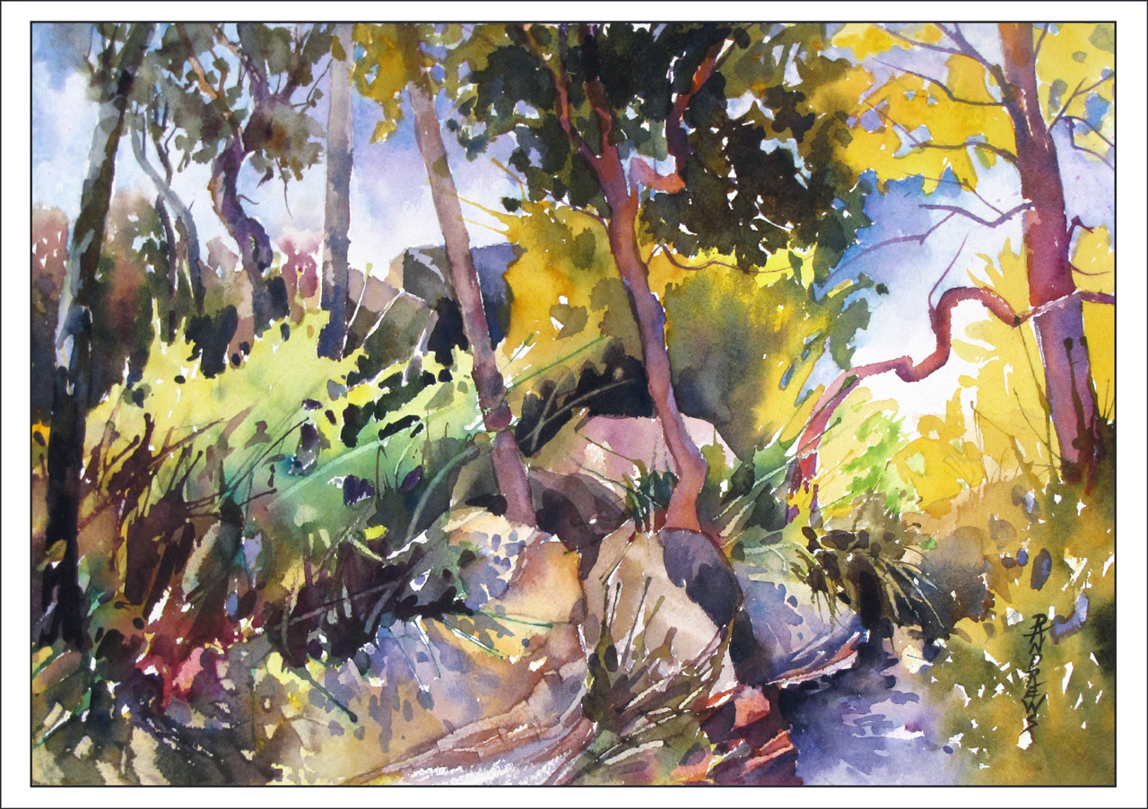 Rae Andrews : Follow The Rock Trail..Landscape...Watercolor.. Texas ...