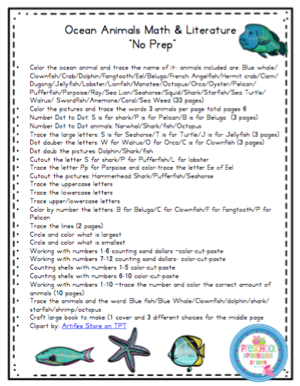 Ocean Animals Math and Literature "No Prep" ~ Preschool Printables