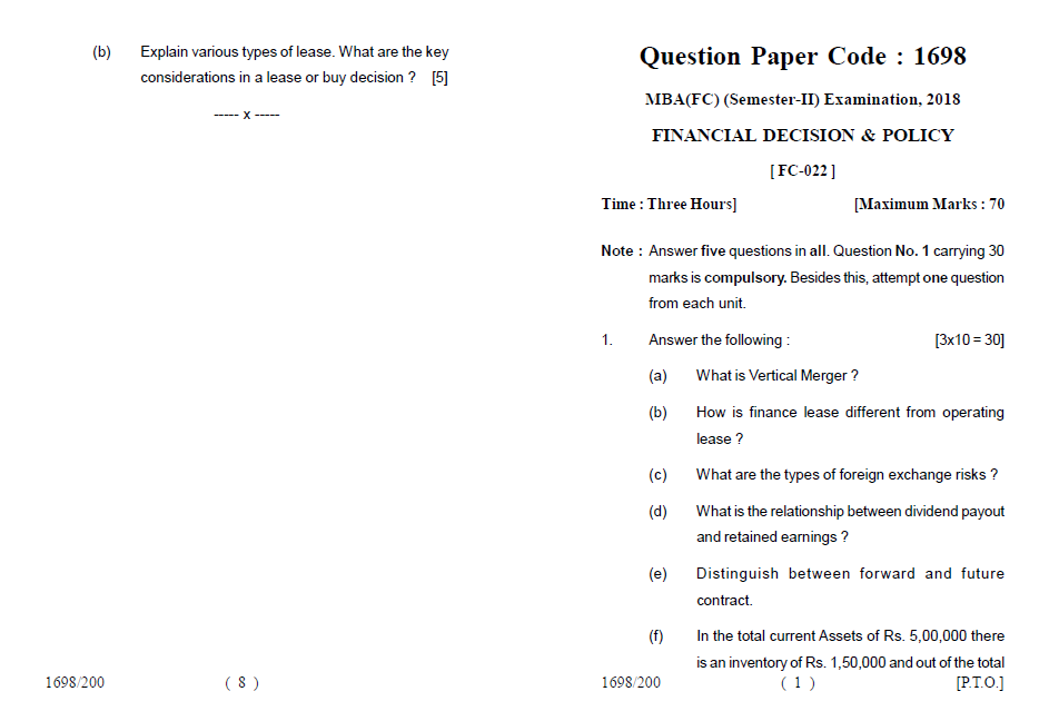 Lucknow University MBA (FC)( Semester - II ) FINANCIAL DECISION ...