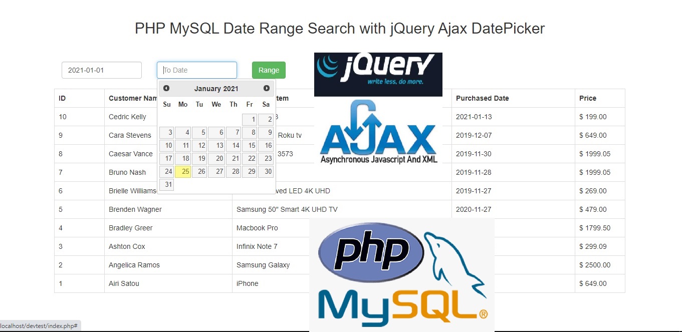 Php Mysql Date Range Search With Jquery Ajax Datepicker Tutorial101