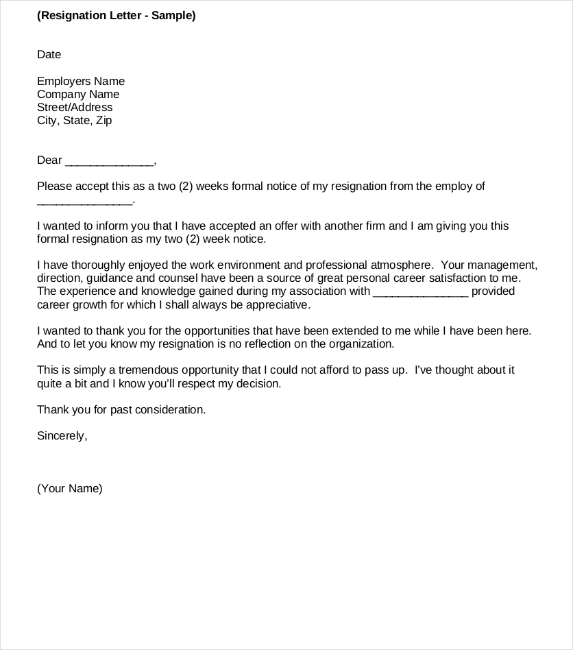 Formal Resignation Letter Sample ~ Thankyou Letter