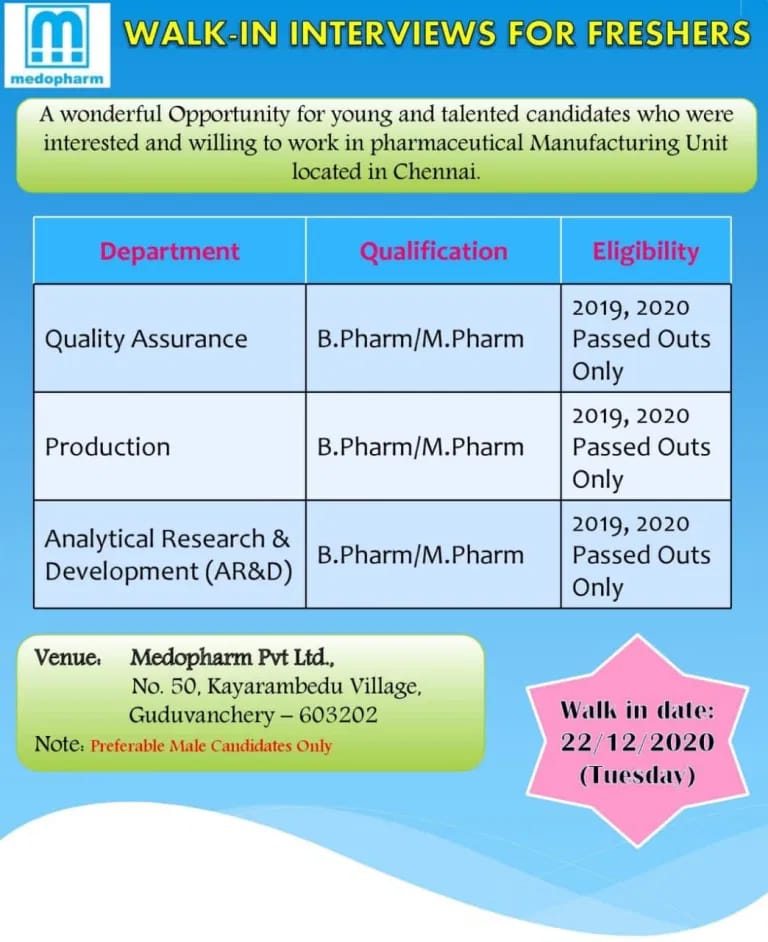 Medopharm Pvt. Ltd - Walk-In Interviews for FRESHERS in Quality ...