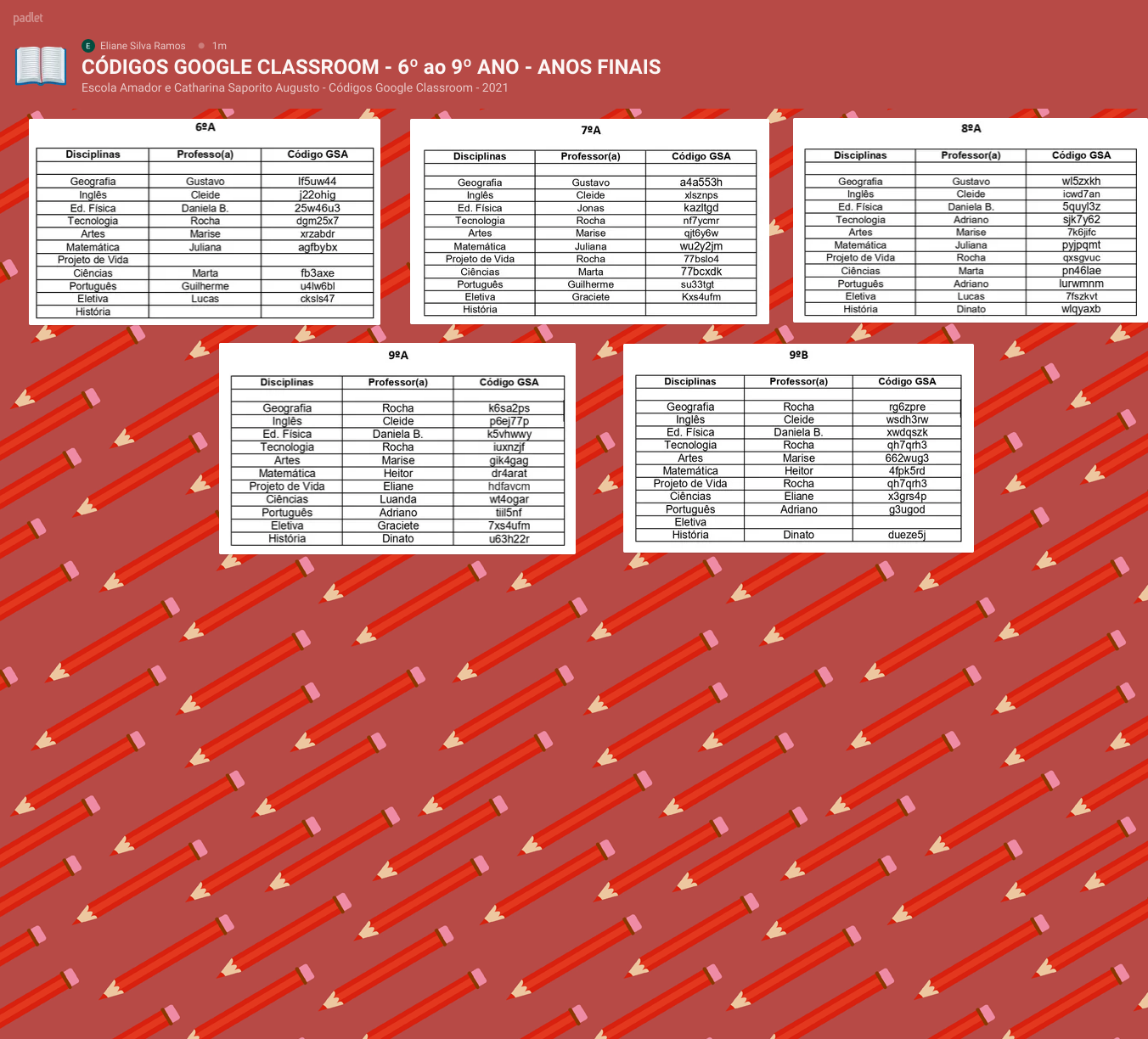 CÓDIGOS GOOGLE CLASSROOM - ANOS FINAIS - 6º ao 9º ANO