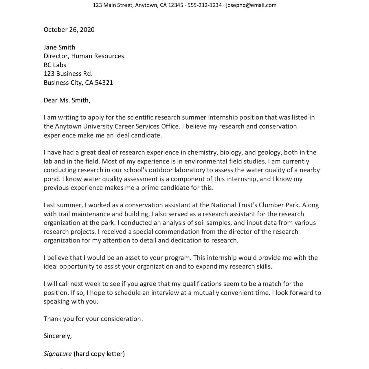 Internship Cover Letter Undergraduate Sample Letter Internship Cover Letter Undergraduate Sample Letter