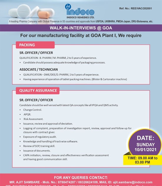 WALK IN INTERVIEWS AT INDOCO REMEDIES LTD FOR PRODUCTION/QA/QC/PACKING/STORES