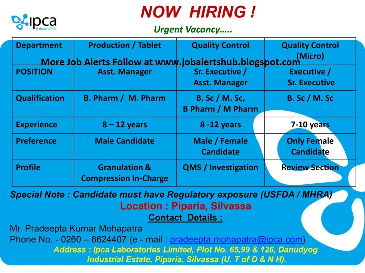 Urgent Vacancy in Production / Tablet / QC / QC-Micro / QA Departments ...