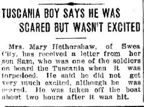 Kossuth County History Buff: THE SINKING OF THE S. S. TUSCANIA