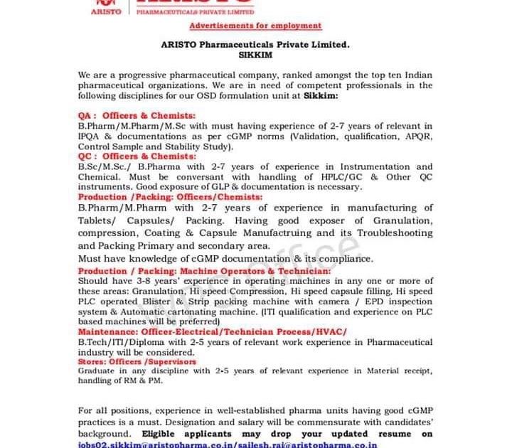 JOB ALERTS HUB: Multiple Openings for QA / QC / Production / Packing / Maintenance / Stores ...