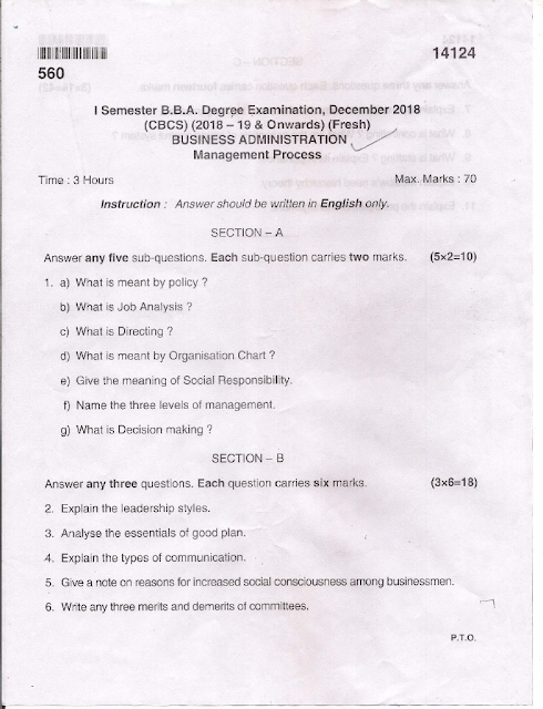 Bangalore University B.B.A. BUSINESS ADMINISTRATION MANAGEMENT PROCESS ...