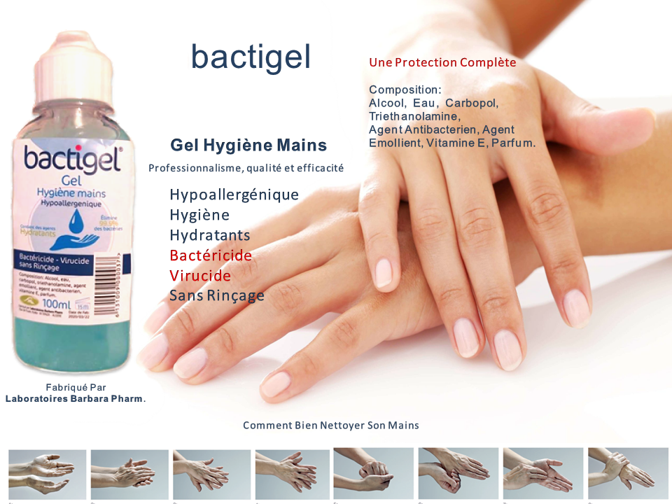 Gel hydroalcoolique Bactigel pour la désinfection des mains
