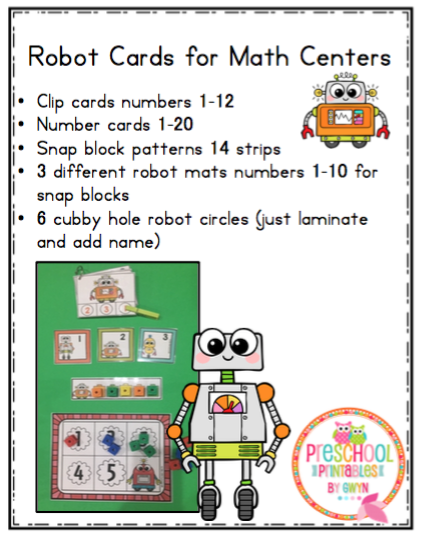 Robot Cards for Math Centers ~ Preschool Printables