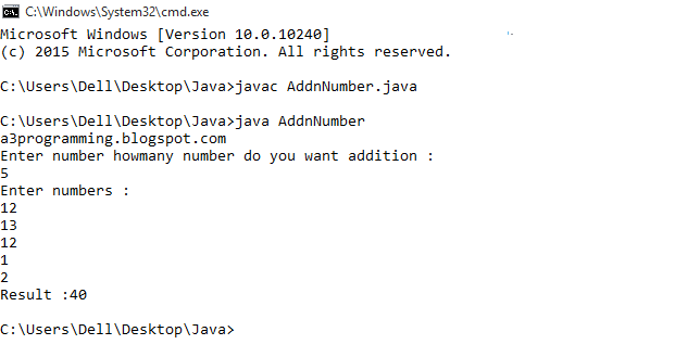 Program to addition of n number using Scanner class in java programming