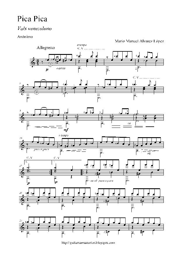 Partituras de guitarra: Pica Pica vals anónimo para guitarra