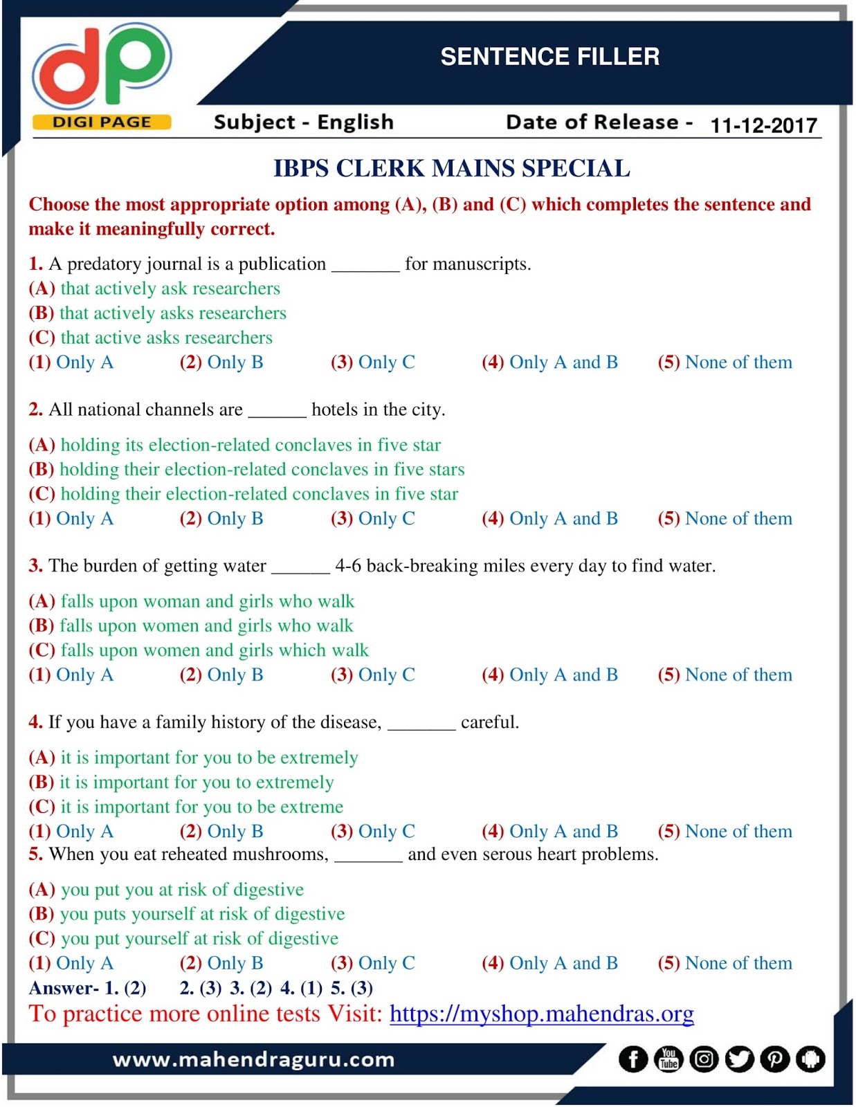 DP | Sentence Filler For IBPS Clerk Mains | 11-12-2017