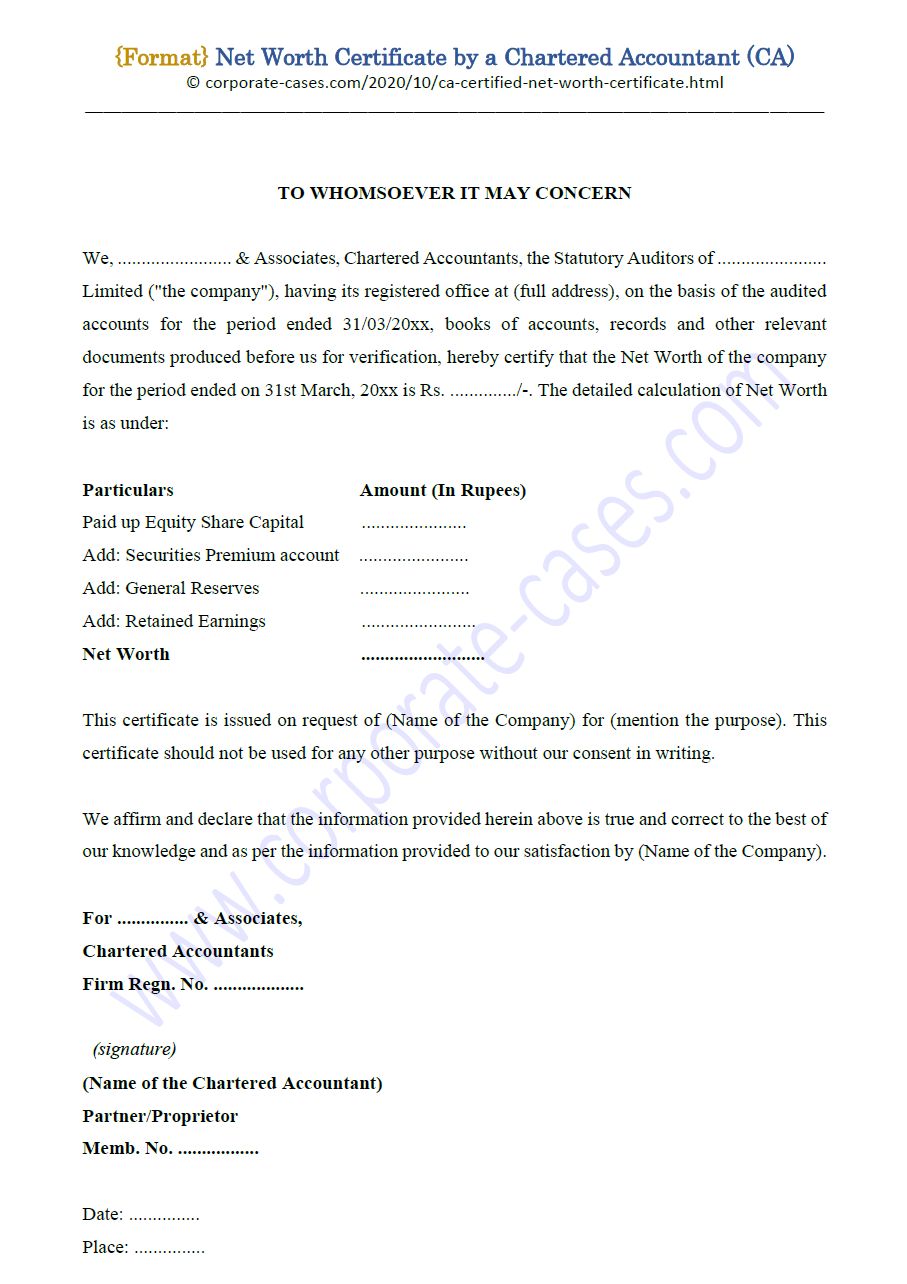Chartered Accountant CA Certified Net Worth Certificate Format chartered-accountant-ca-certified-net-worth-certificate-format