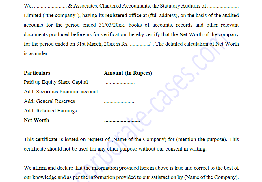 Chartered Accountant CA Certified Net Worth Certificate Format