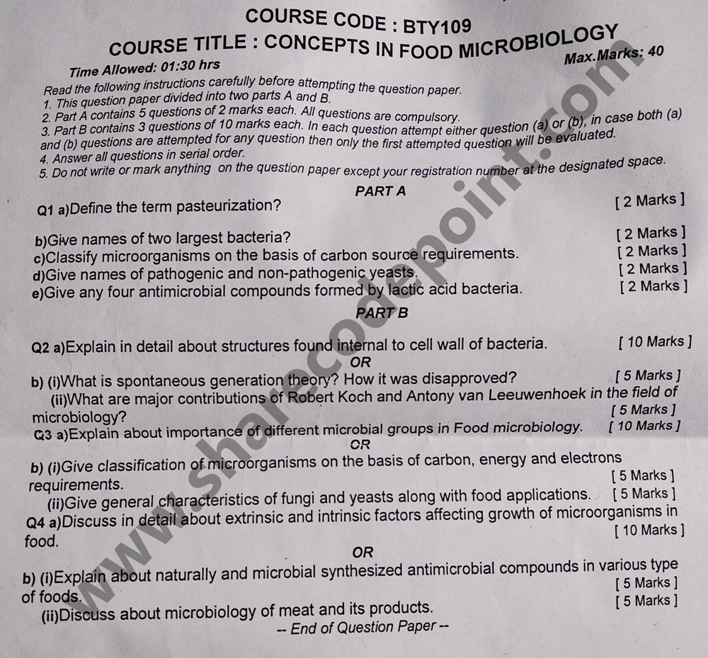 BTY109 : Concepts in Food Microbiology Mid Term Exam Question Paper - BTY 109 - Lpu Question Paper
