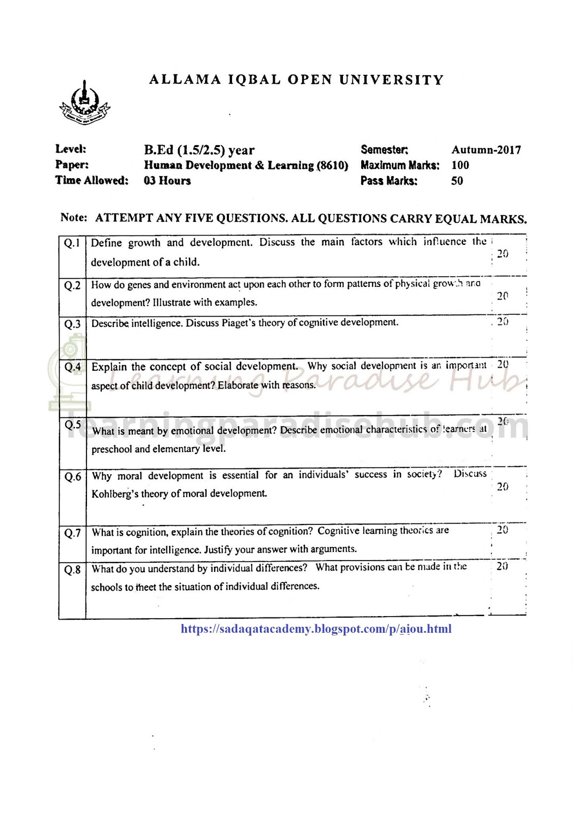 Course Code 8610 Past Paper AIOU ~ Sadaqat Academy