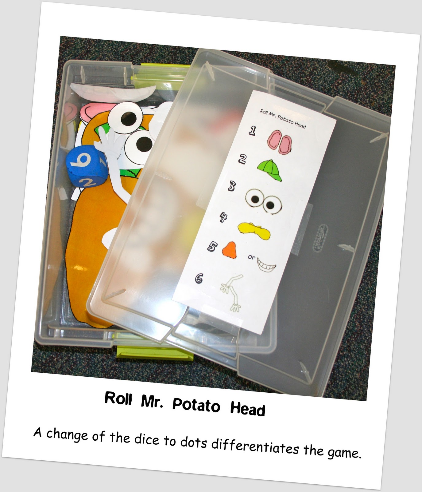Dice-potato head game | Math work stations, Math work, Preschool math