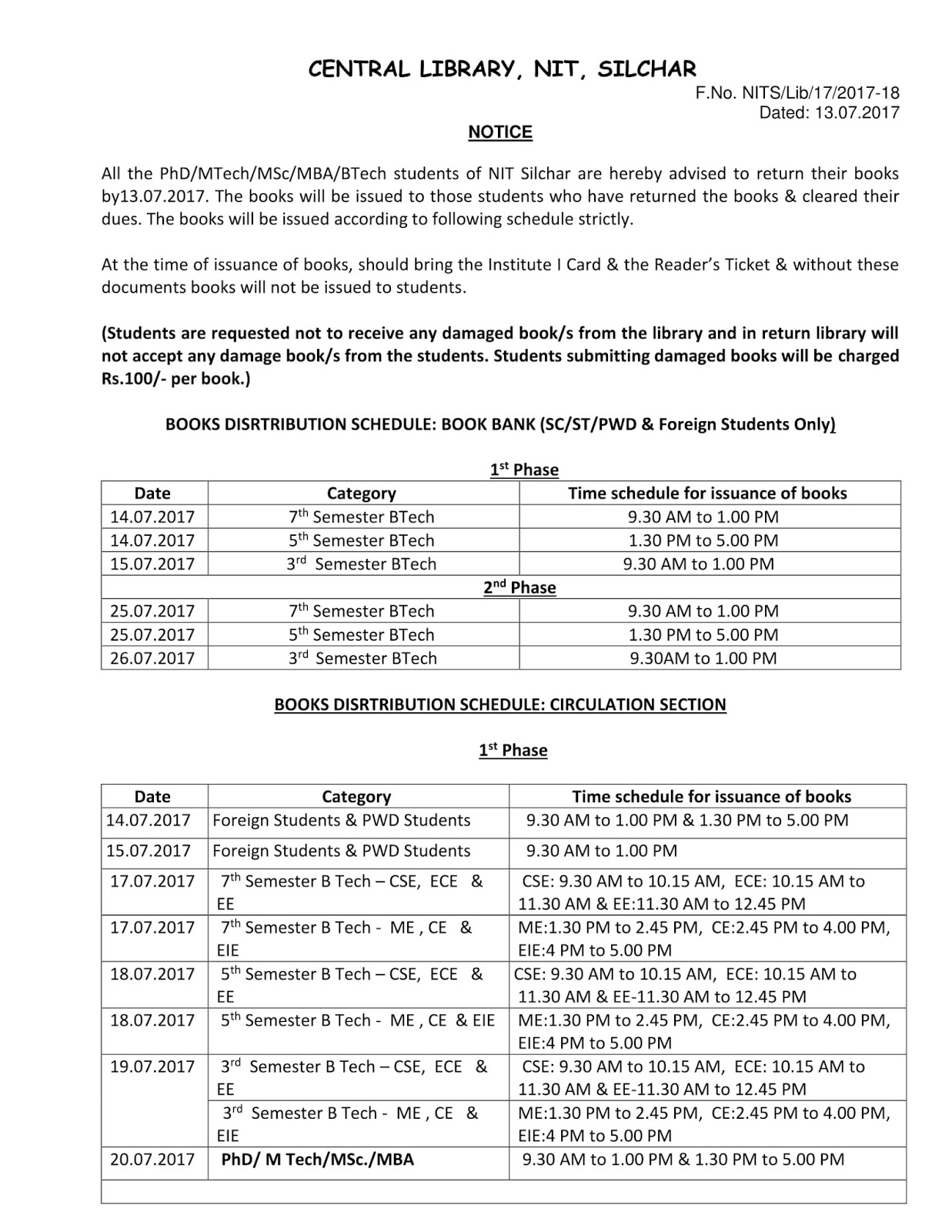 Library@NIT Silchar: Notice of book distribution schedule at Central ...