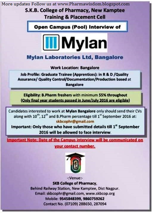 MYLAN Laboratories Ltd - Campus Interview for Freshers as Trainee ...
