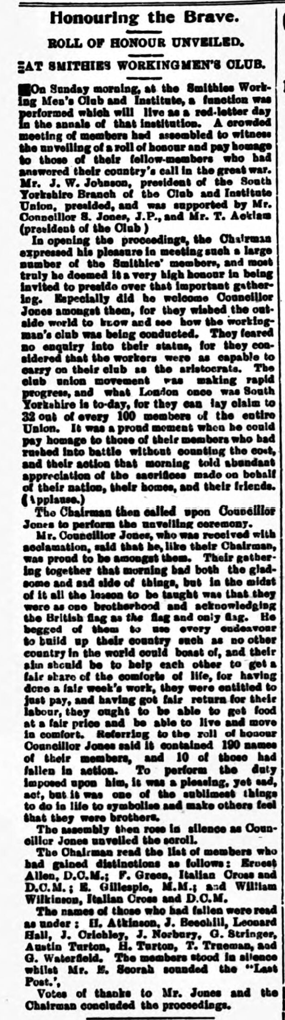 Barnsley & District War Memorials: Smithies Working Men's Club Roll of ...