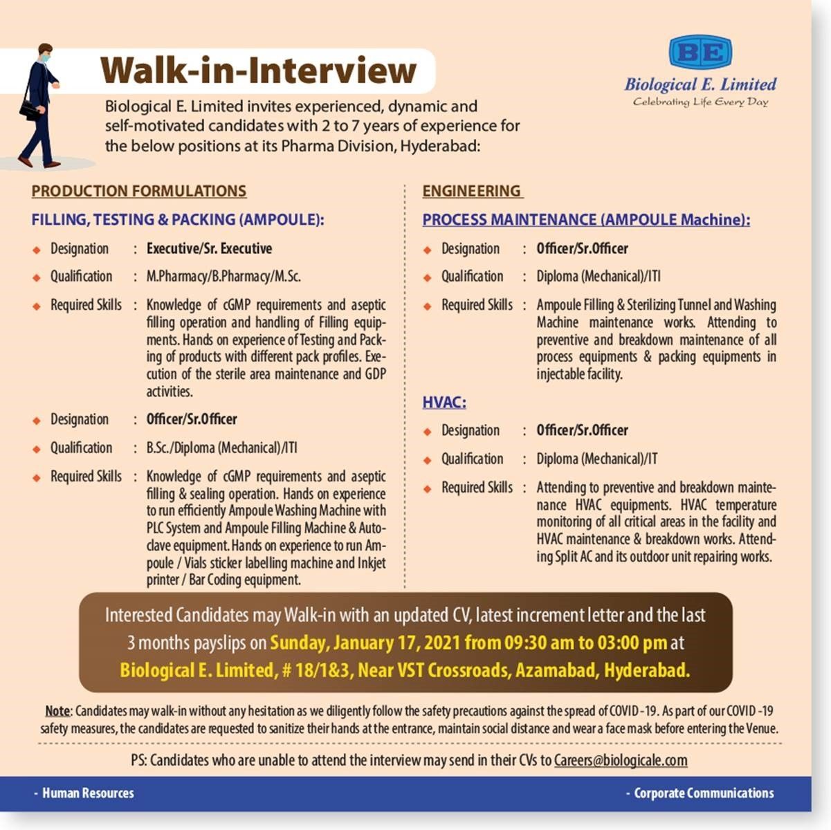 Walk-In Interviews for Multiple Positions on 17th Jan' 2021 ...