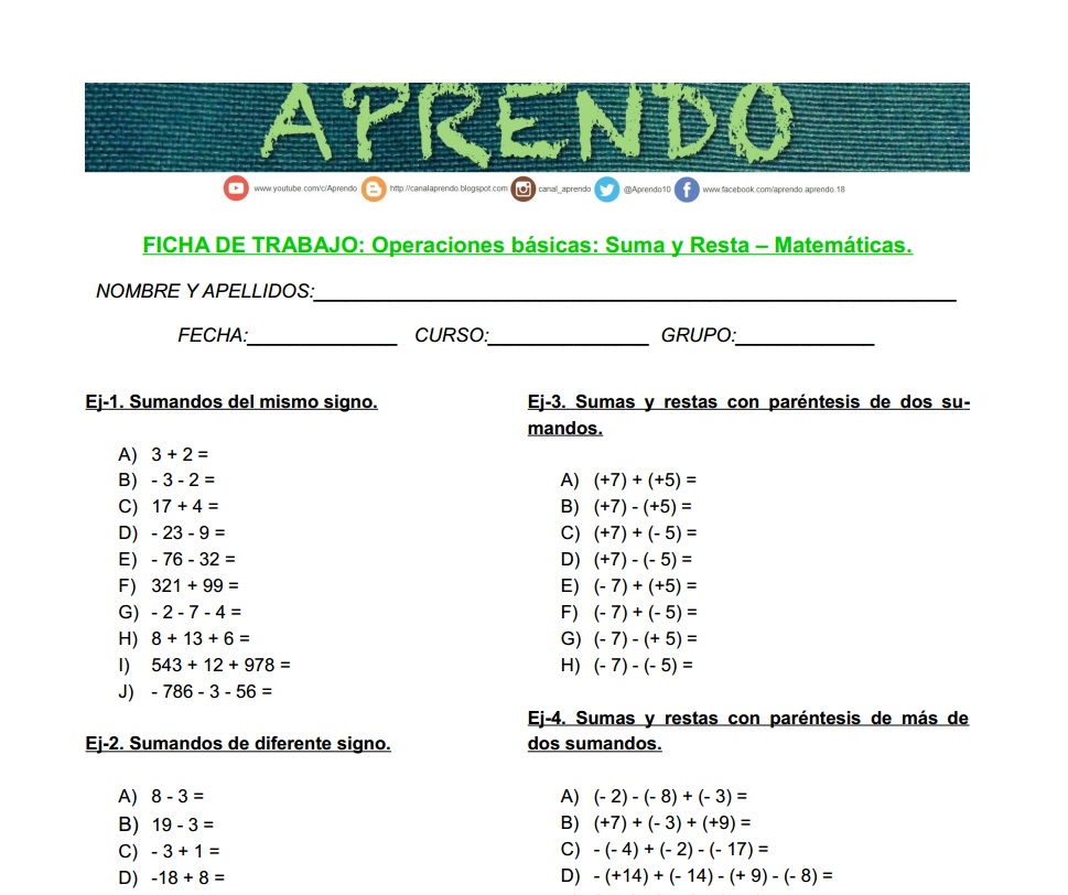 Aprendo: Ejercicios: Operaciones Básicas: Suma y Resta. Matemáticas.