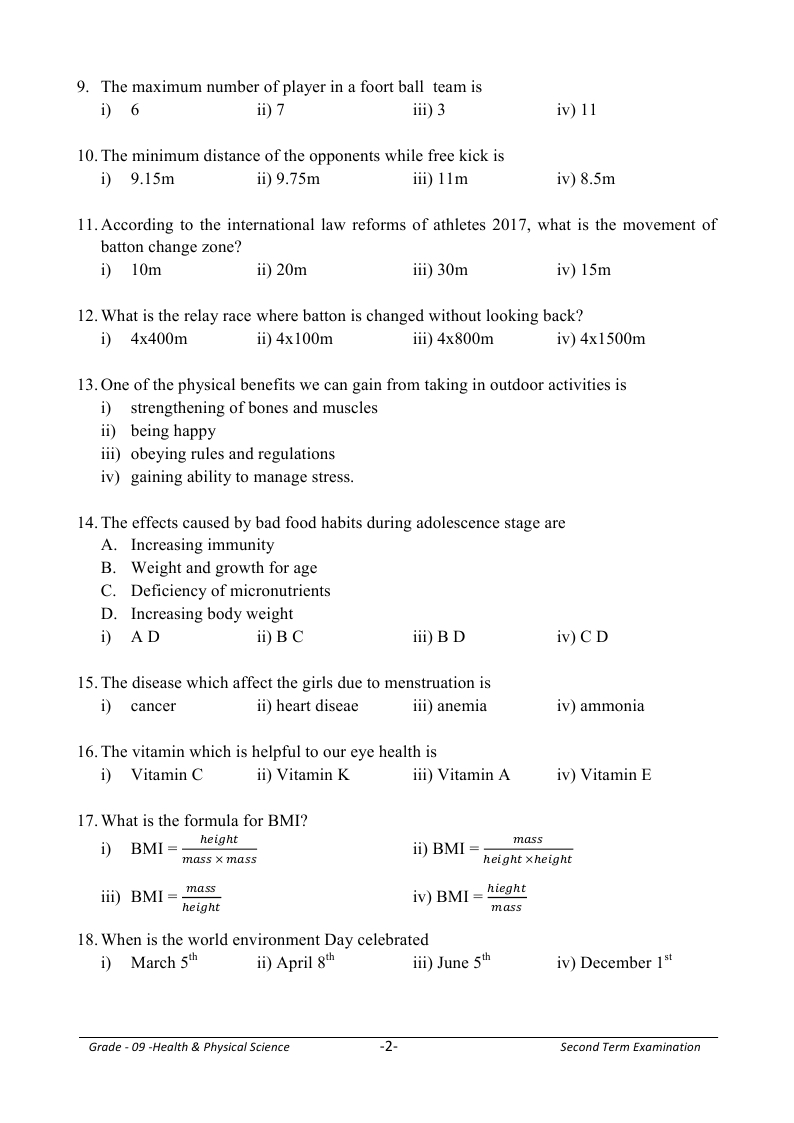 Grade 9 Health 2018 Second Term Vadamaradchy Zone - www.lkedu.lk