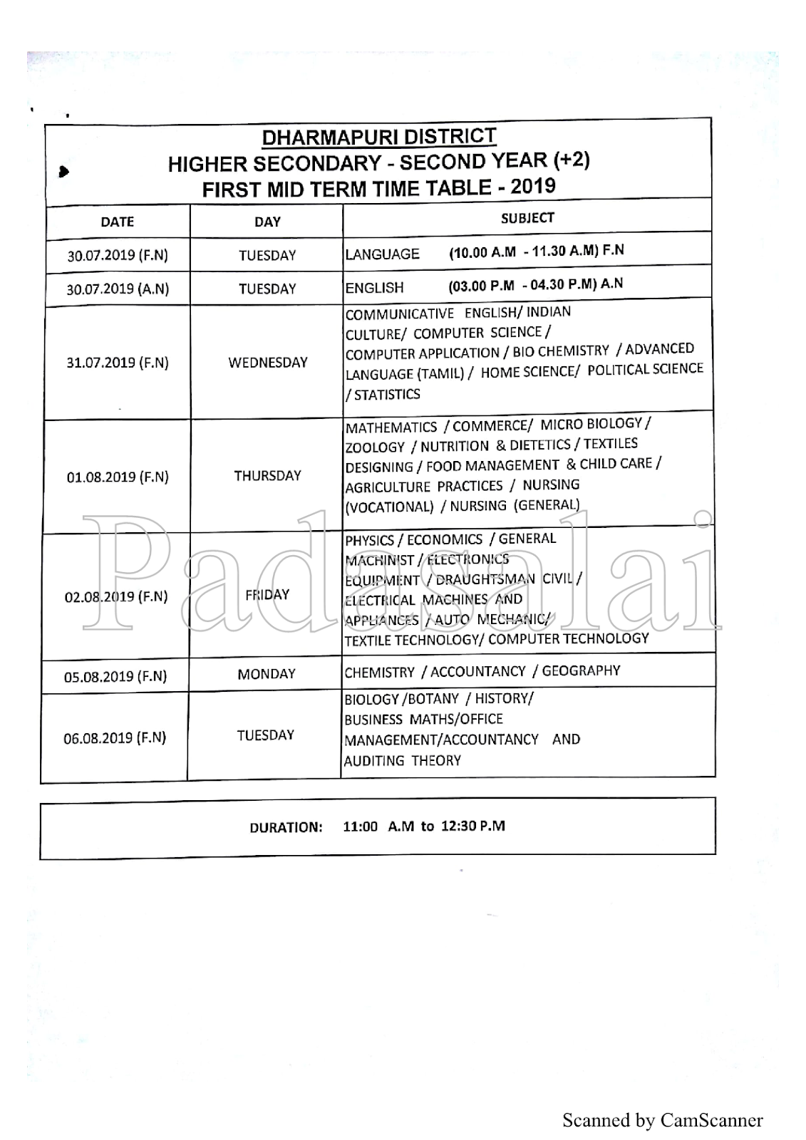 First Mid Term Exam 2019 - Time Table - Kalvi Tips